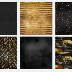 Black and Gold Foil Digital Paper, Metallic Textures, Floral Digital ...
