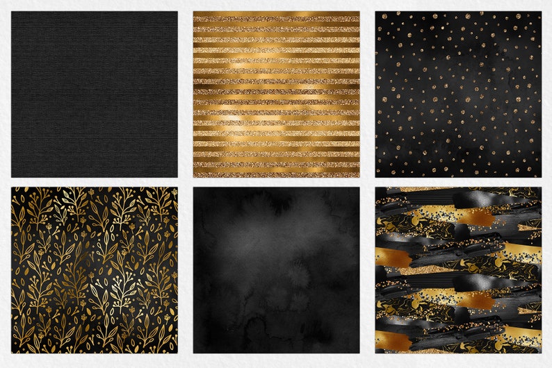 Black and Gold Foil Digital Paper, Metallic Textures, Floral Digital ...