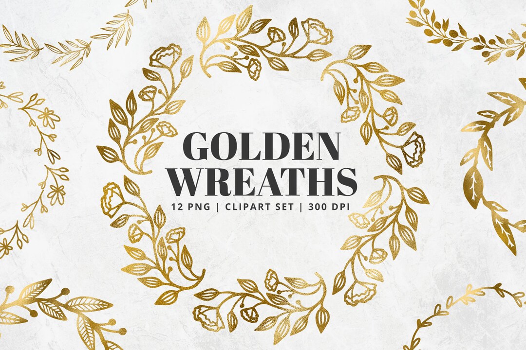 Gold Foil Wreath Clipart Set, Faux Foil, Clipart, Floral Illustrations ...