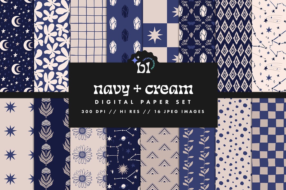 Navy Digital Paper Set, Retro Seamless Textures, Floral Patterns, Boho ...