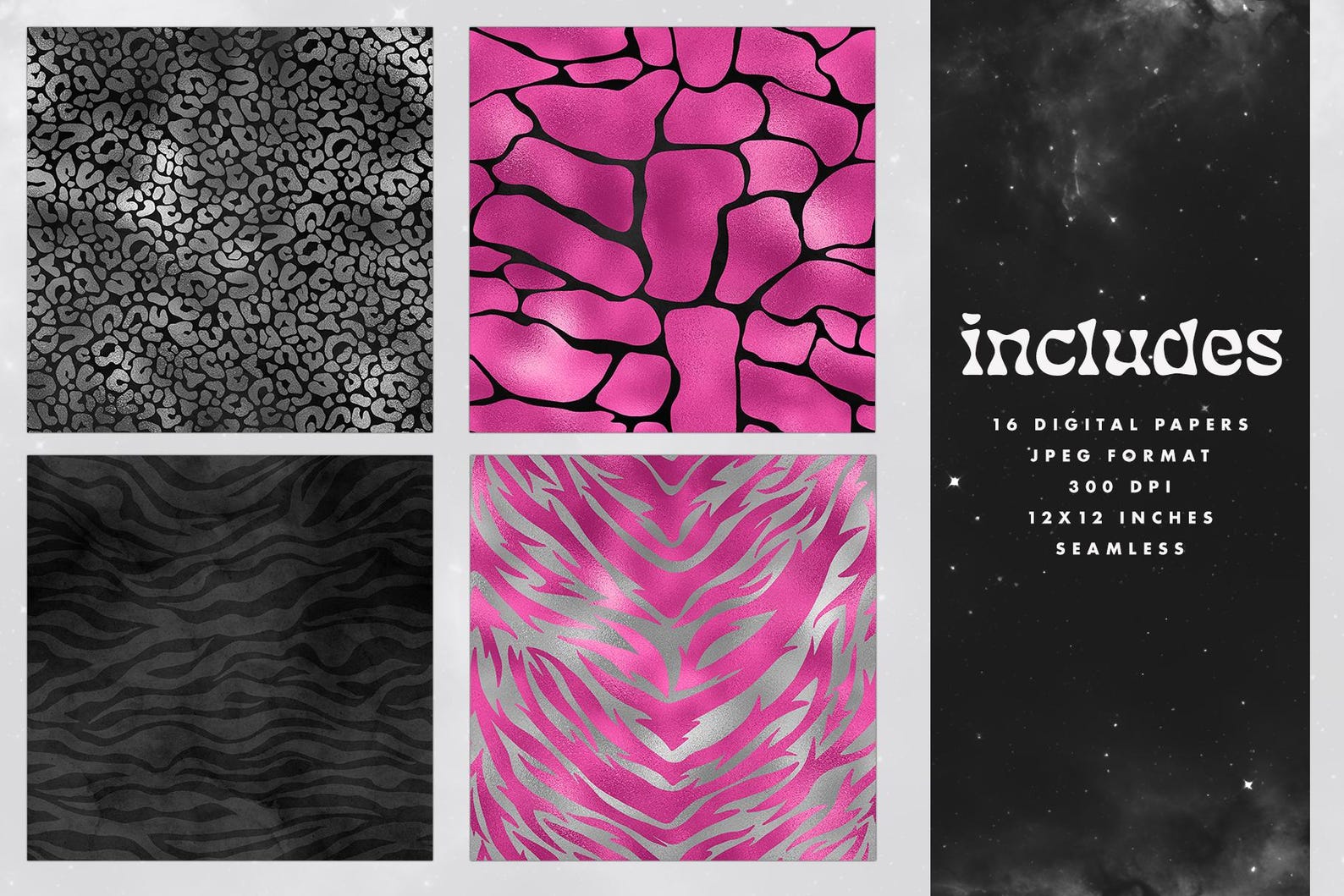 Black & Pink Animal Print Digital Paper, Animal Patterns, Safari ...