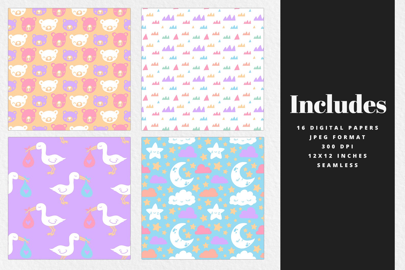 Nursery Digital Paper Set, Seamless Textures, Pastel Paper, Baby ...