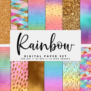 Rainbow Gold Digital Paper, Seamless Patterns, Pastel Digital Paper ...
