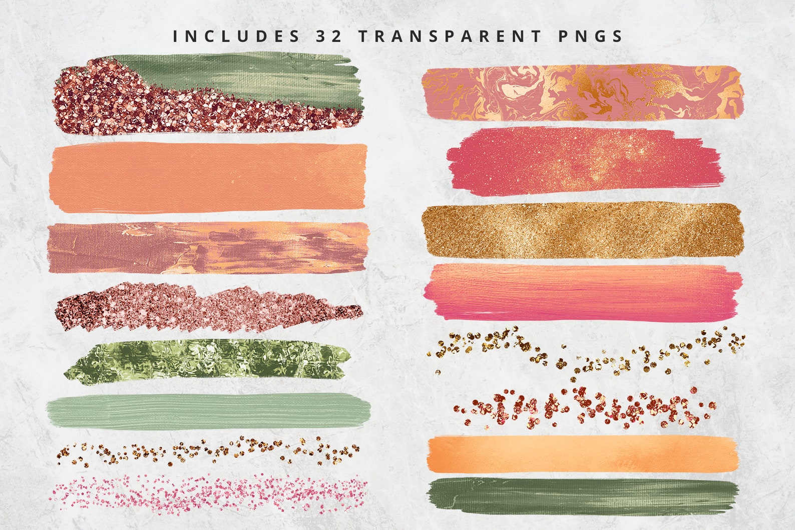 Peach and Green Brush Strokes Clipart, Paint Strokes, PNG, Gold Foil ...