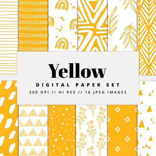 Yellow and White Digital Paper Hand Drawn Floral Geometric | Etsy