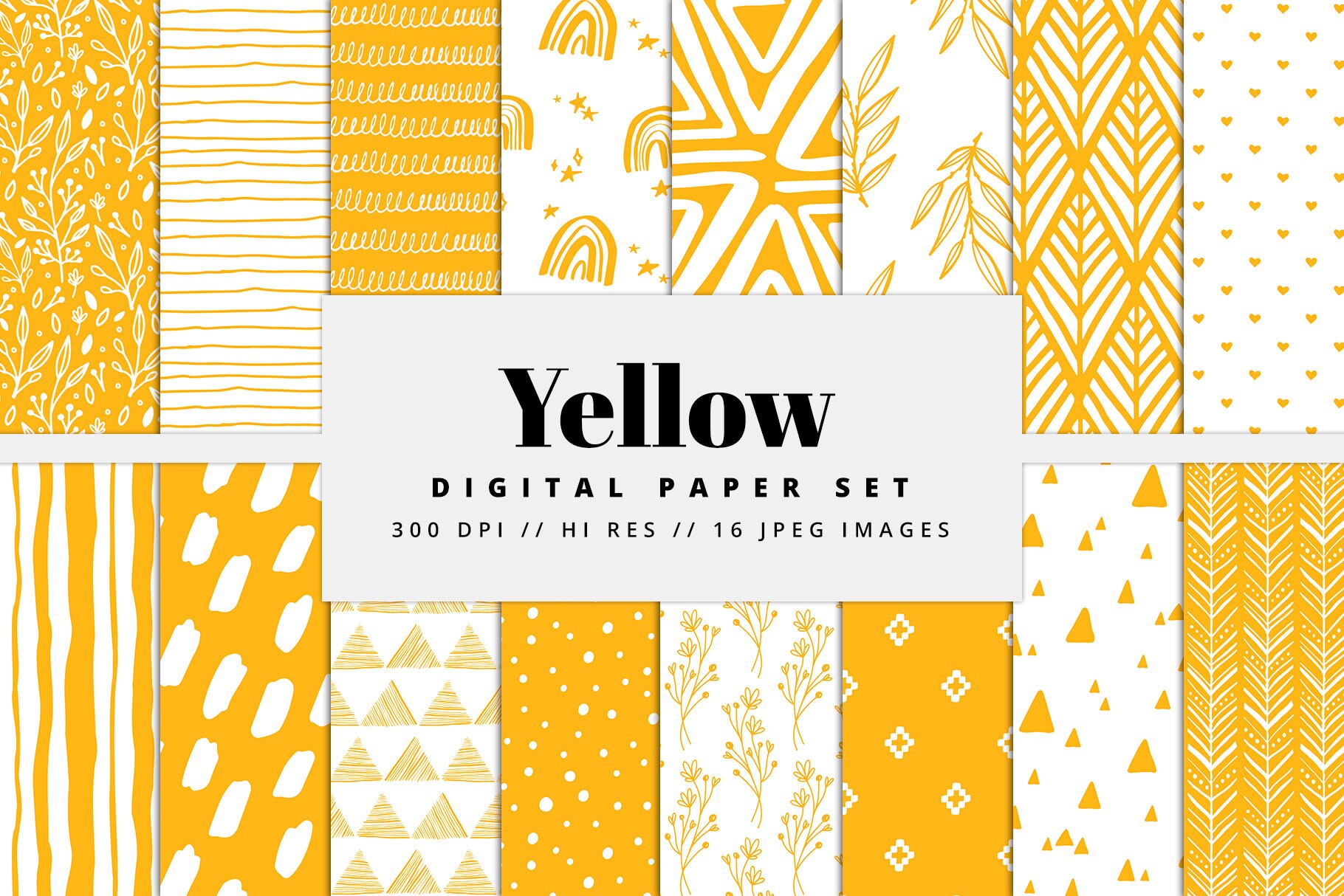 Yellow and White Digital Paper Hand Drawn Floral Geometric | Etsy