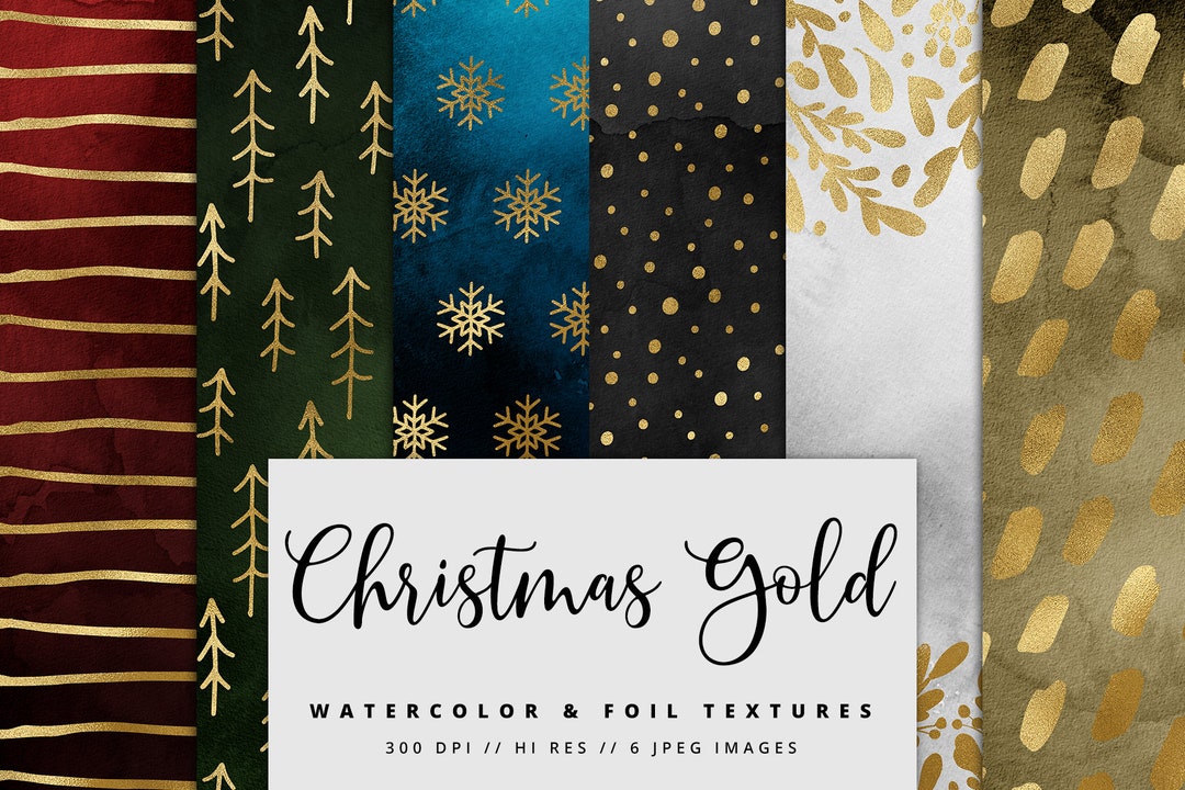 Christmas Gold Foil Watercolor Digital Paper, Holiday Digital Paper ...