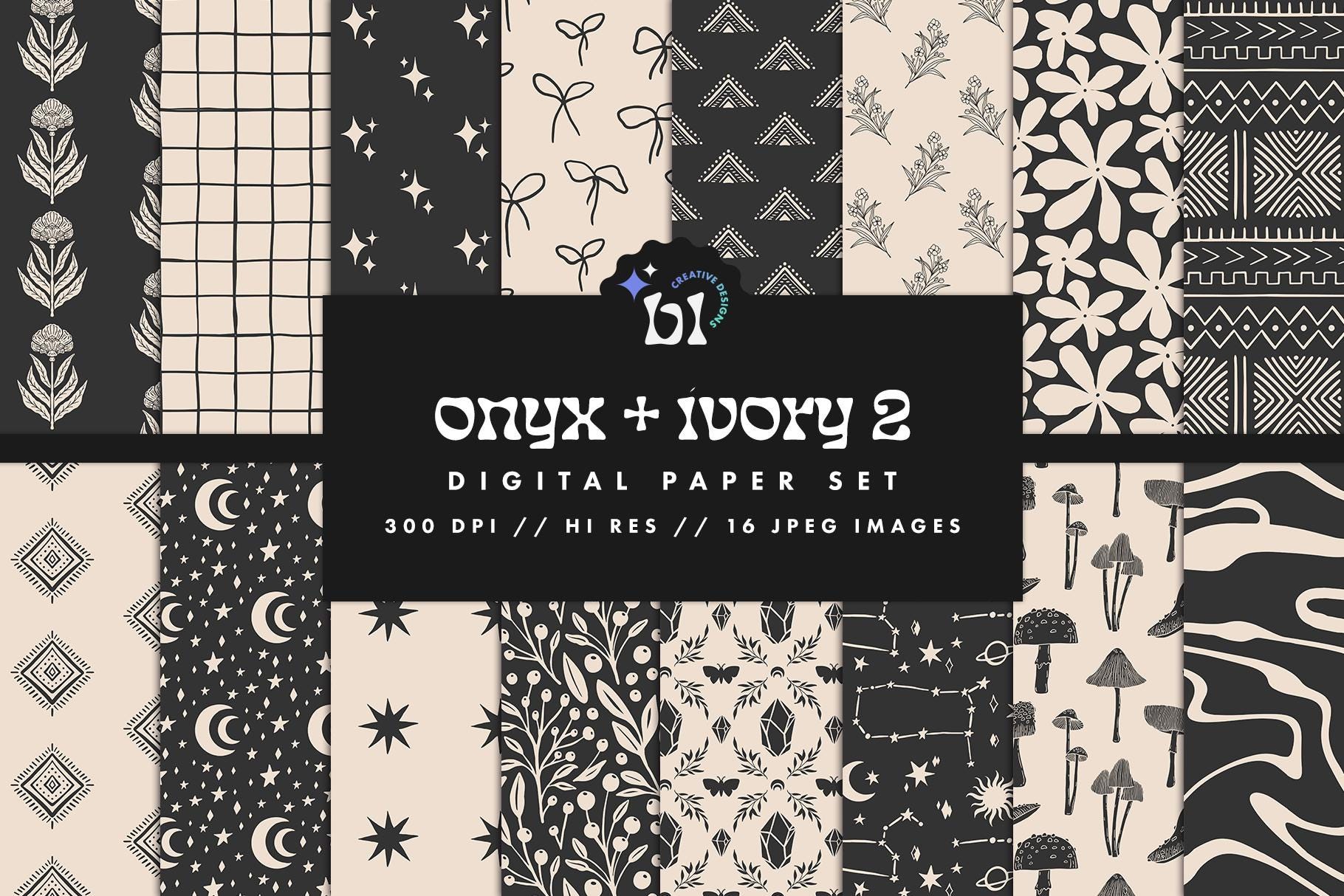 Black and Ivory Digital Paper Set, Seamless Textures, Boho Patterns ...