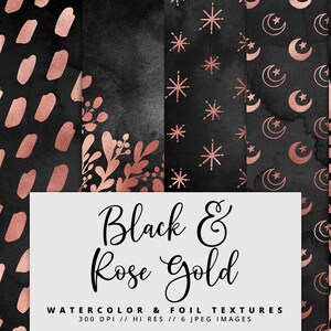Black and Rose Gold Foil Watercolor Digital Paper, Watercolor Textures ...