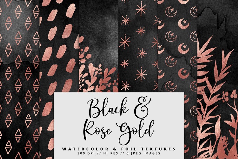 Black and Rose Gold Foil Watercolor Digital Paper, Watercolor Textures ...