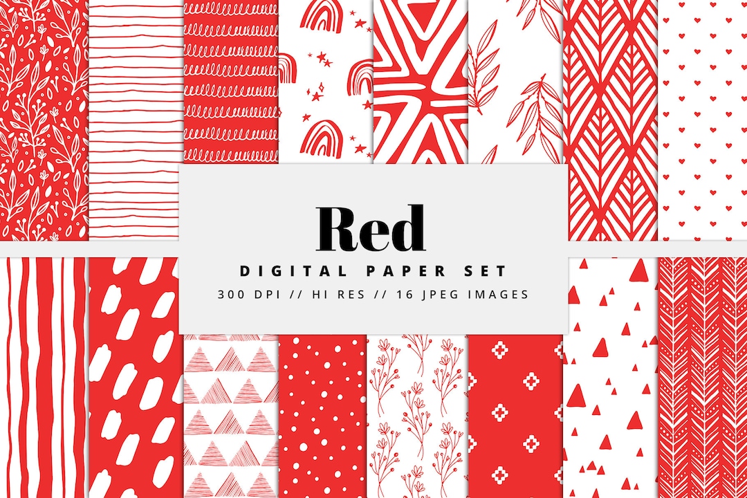 Red and White Digital Paper, Hand Drawn, Floral, Geometric, Printable ...