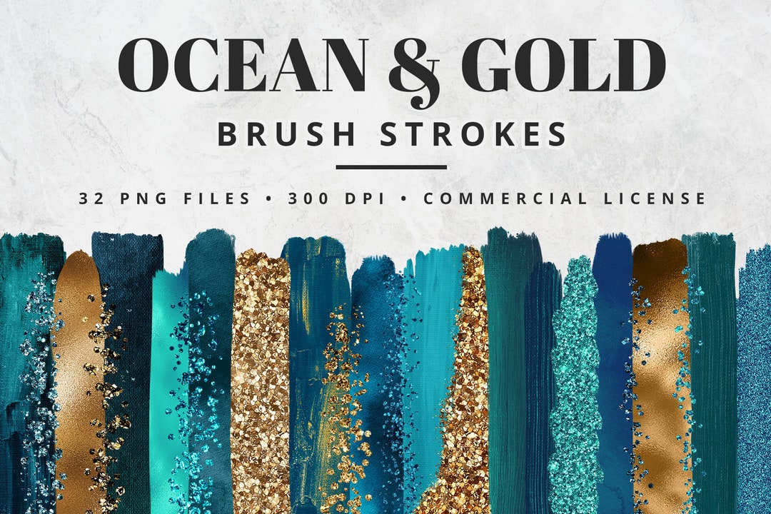 Ocean and Gold Brush Strokes Clipart, Paint Strokes, PNG, Gold Foil ...