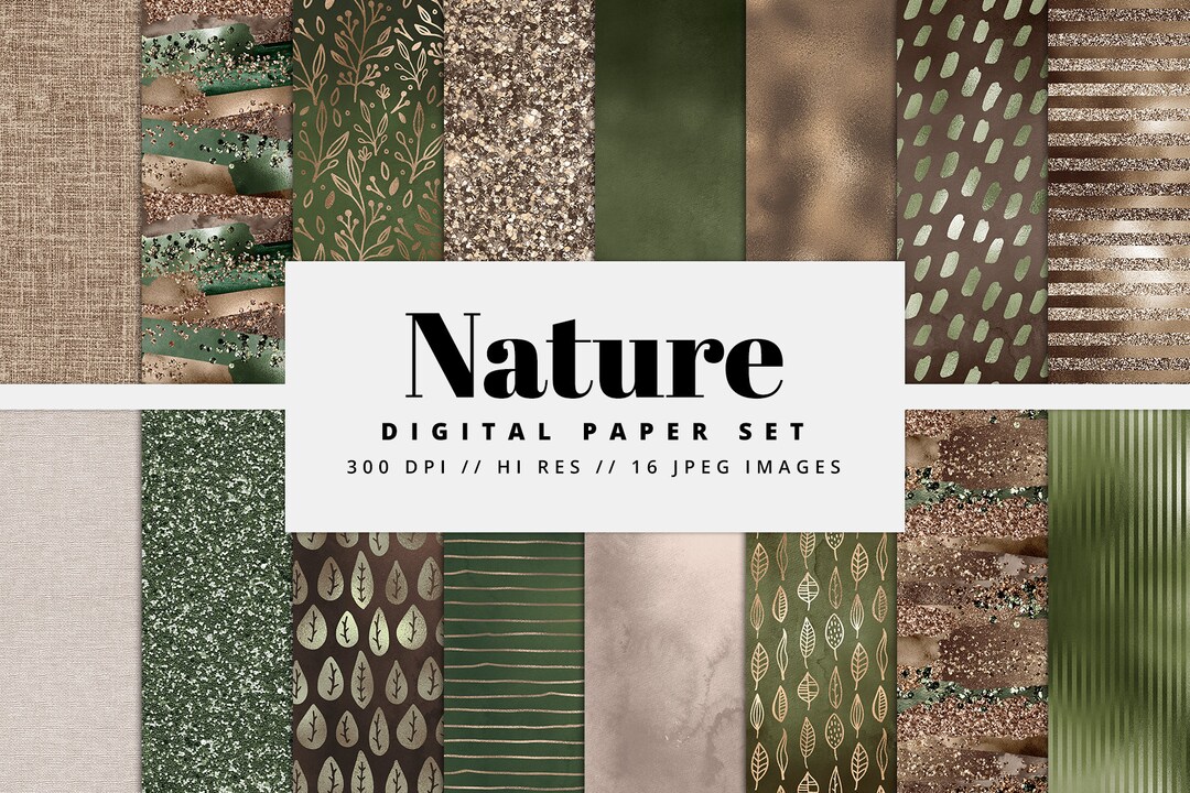 Nature Foil Digital Paper, Seamless Textures, Tan, Green, Digital ...