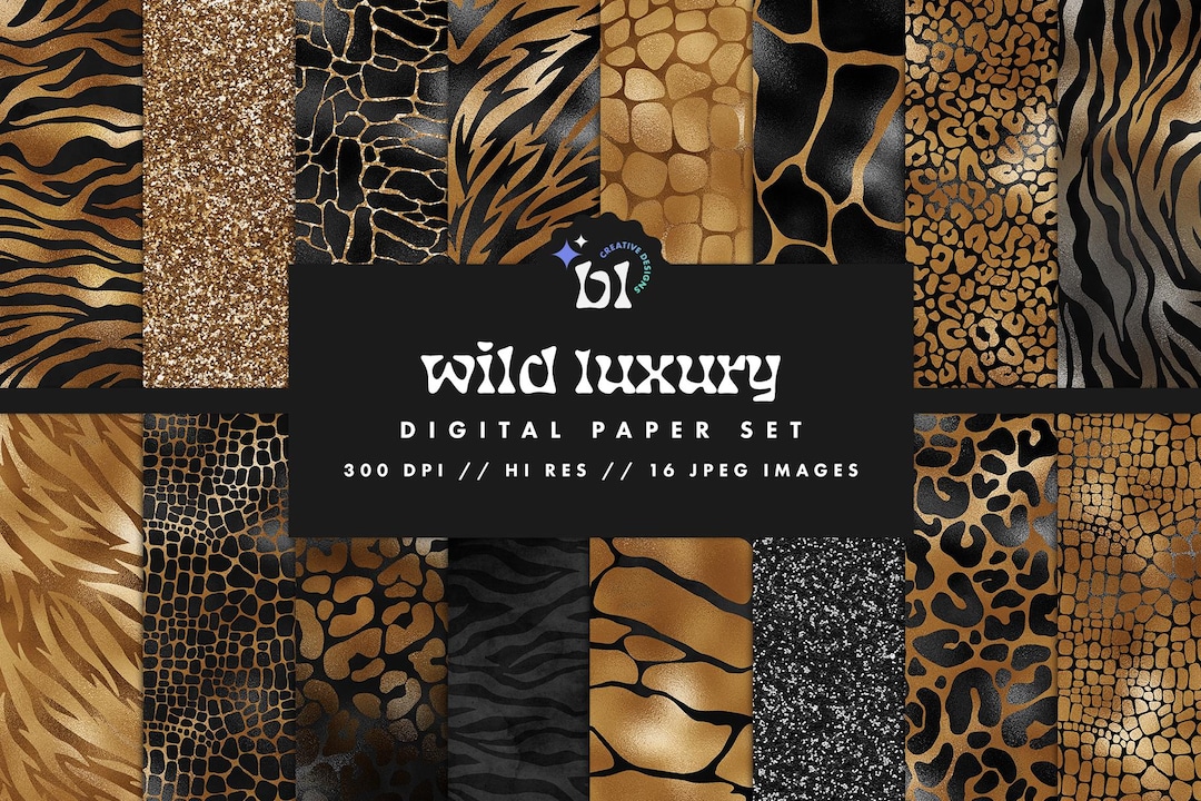 Black & Gold Animal Print Digital Paper, Animal Patterns, Safari ...