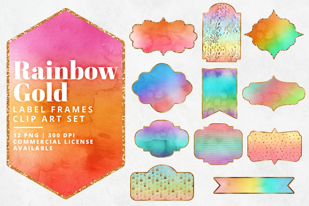 Rainbow and Gold Watercolor Label Frames, Watercolor Clipart ...