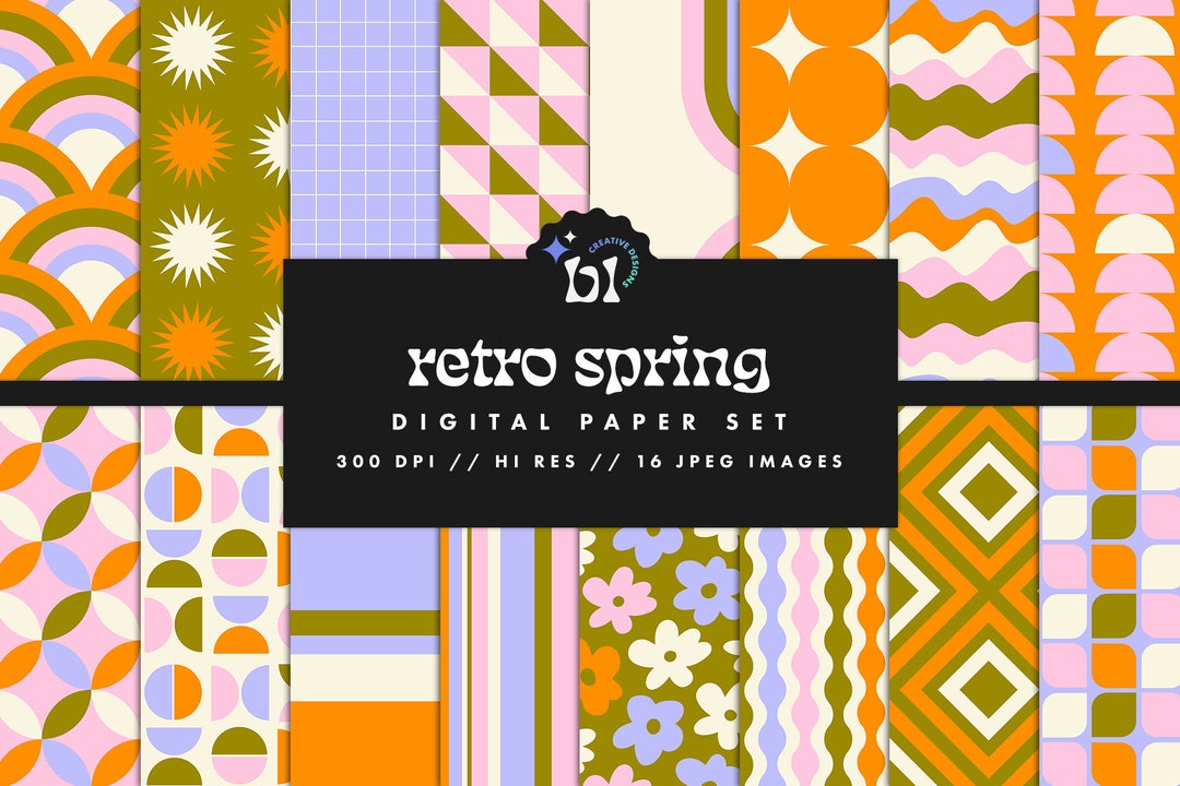 Retro Digital Paper Set, Seamless Textures, 70s Patterns, Vintage ...