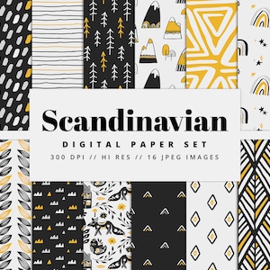 Black & Yellow Scandinavian Digital Paper Handdrawn Floral | Etsy