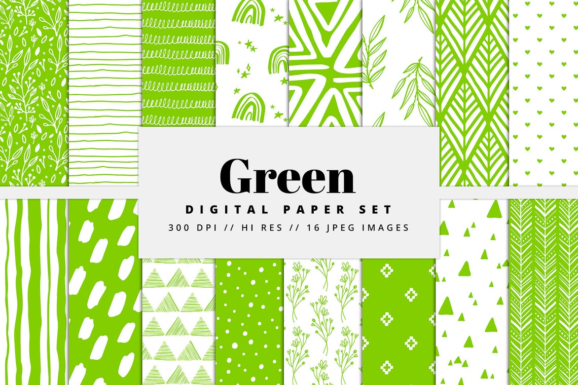 Green and White Digital Paper, Hand Drawn, Floral, Geometric, Printable ...