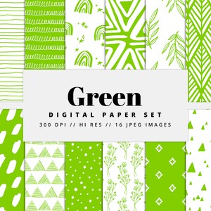 Green and White Digital Paper, Hand Drawn, Floral, Geometric, Printable ...