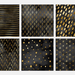 Black and Gold Foil Watercolor Digital Paper, Elegant Metallic Textures ...