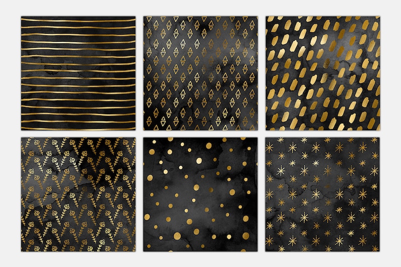 Black and Gold Foil Watercolor Digital Paper Watercolor | Etsy
