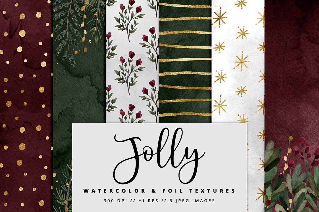 Jolly Christmas Gold Foil Watercolor Digital Paper, Holiday Digital ...