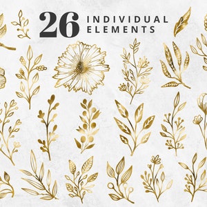 Gold Foil Floral Clipart Set, Faux Foil, Clipart, Floral Illustrations ...