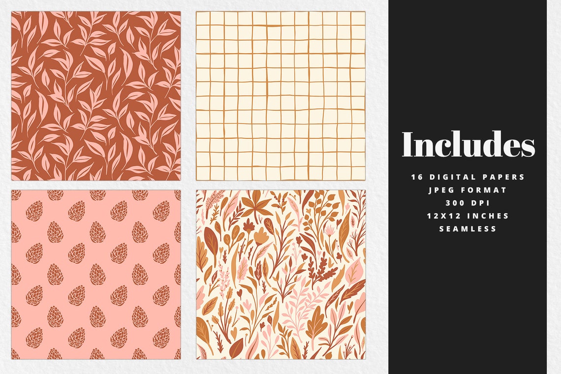 Boho Fall Digital Paper Set, Seamless Textures, Abstract Patterns ...