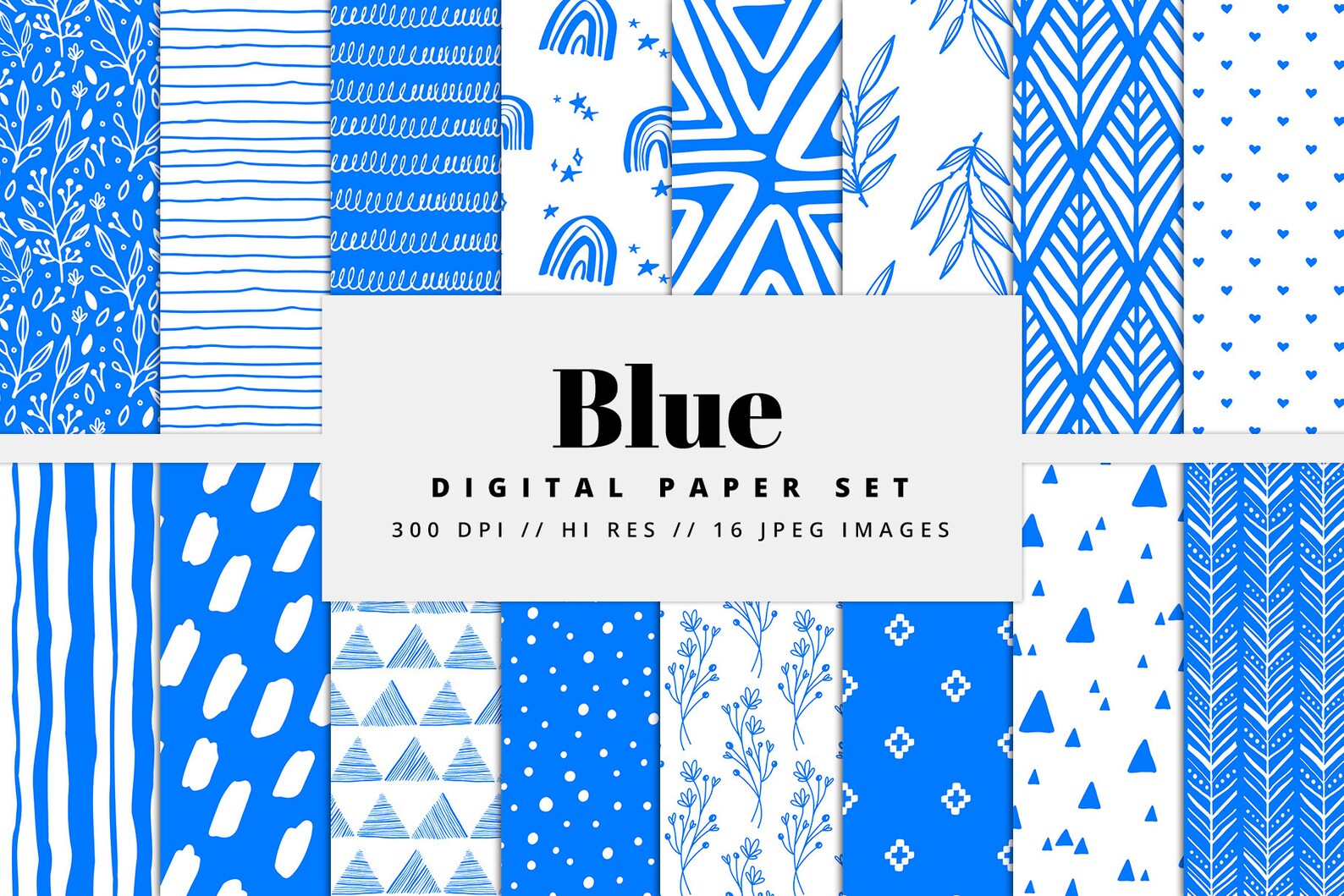 Blue and White Digital Paper, Hand Drawn, Floral, Geometric, Printable ...