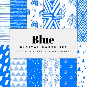 Blue and White Digital Paper, Hand Drawn, Floral, Geometric, Printable ...