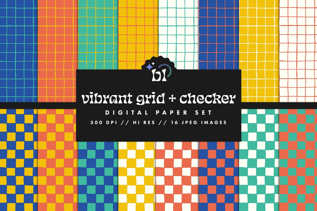 Vibrant Grid and Checker Digital Paper Set, Seamless Textures, Grid ...