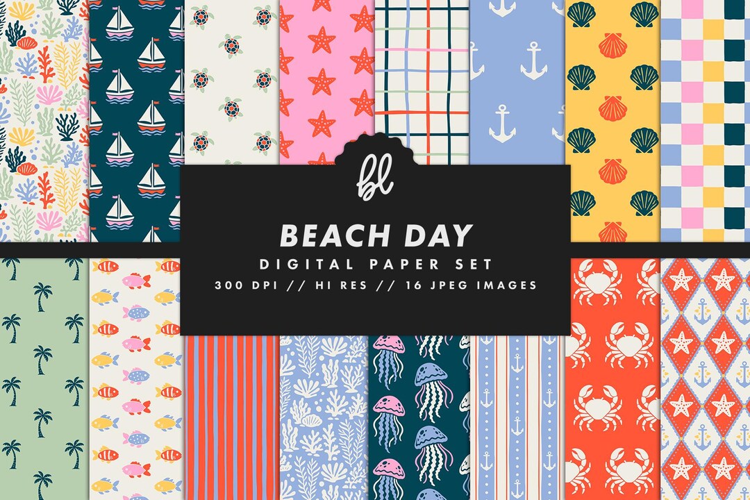 Colorful Nautical Digital Paper Set, Summer Beach Seamless Trendy ...