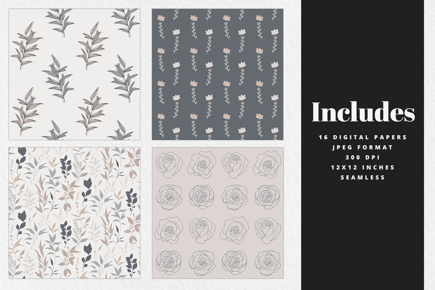 Neutral Floral Digital Paper Set Seamless Textures Flower - Etsy