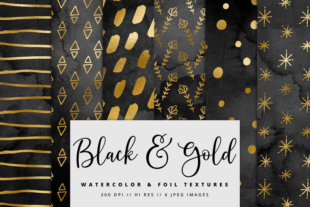 Black and Gold Foil Watercolor Digital Paper, Elegant Metallic Textures ...