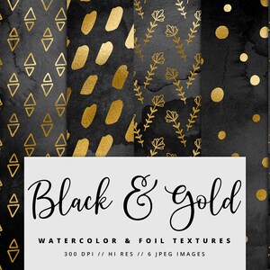 Black and Gold Foil Watercolor Digital Paper, Elegant Metallic Textures ...