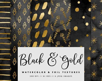 Black and Gold Foil Watercolor Digital Paper, Elegant Metallic Textures ...