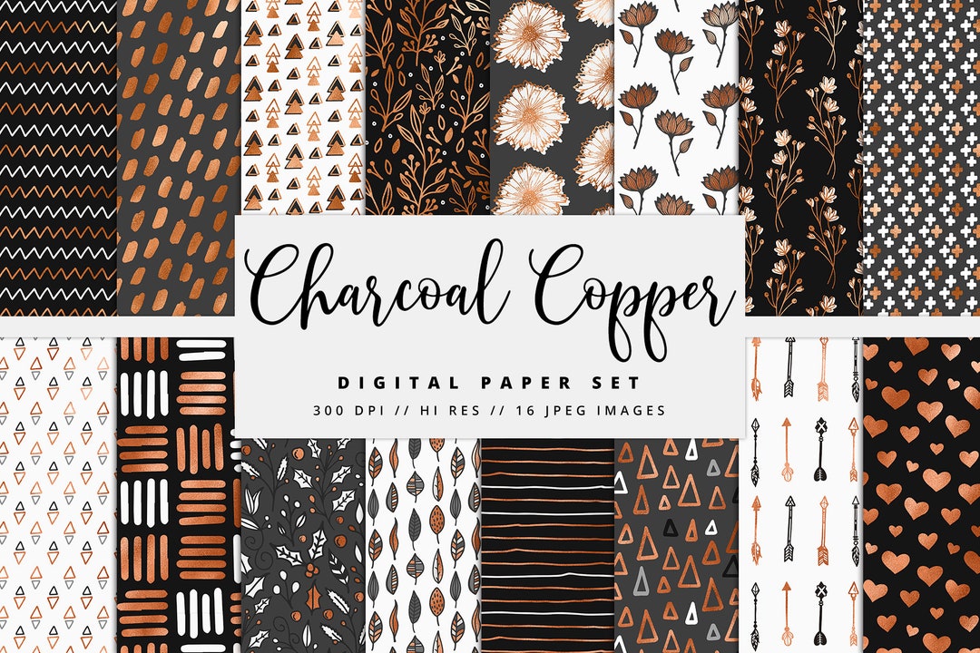 Black & Copper Gold Foil Digital Paper, Copper Foil Textures, Floral ...