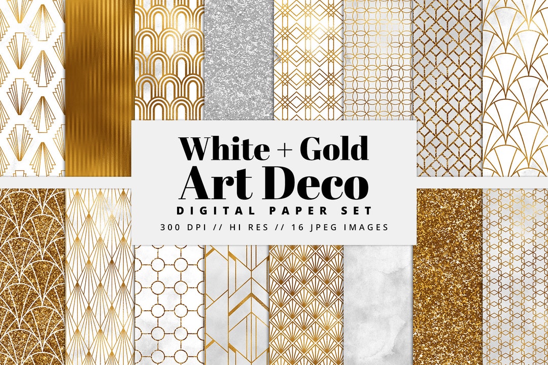 Art Deco Digital Paper, White and Gold Deco, Seamless Backgrounds ...