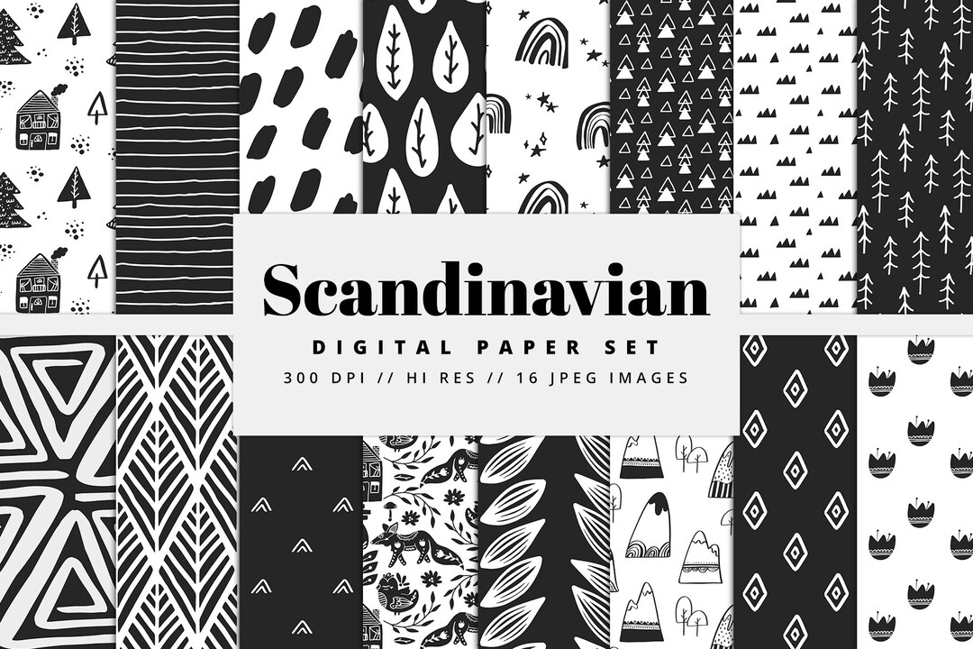 Black & White Scandinavian Digital Paper, Handdrawn, Floral, Geometric ...