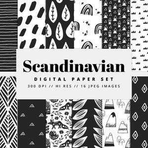 Black & White Scandinavian Digital Paper, Handdrawn, Floral, Geometric ...