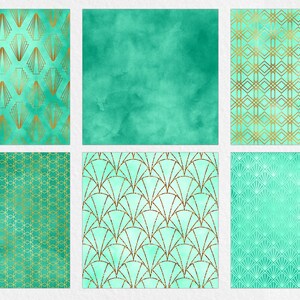 Art Deco Digital Paper, Mint and Gold Deco, Seamless Backgrounds ...
