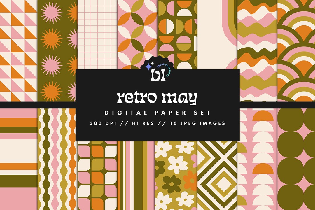 Retro Digital Paper Set, Seamless Textures, 70s Patterns, Vintage ...