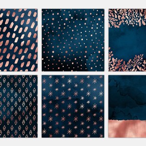 Navy and Rose Gold Foil Watercolor Digital Paper, Watercolor Textures ...