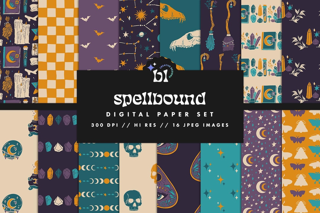 Witchy Halloween Digital Paper, Retro Seamless Textures, Magical ...