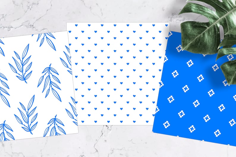 Blue and White Digital Paper, Hand Drawn, Floral, Geometric, Printable ...