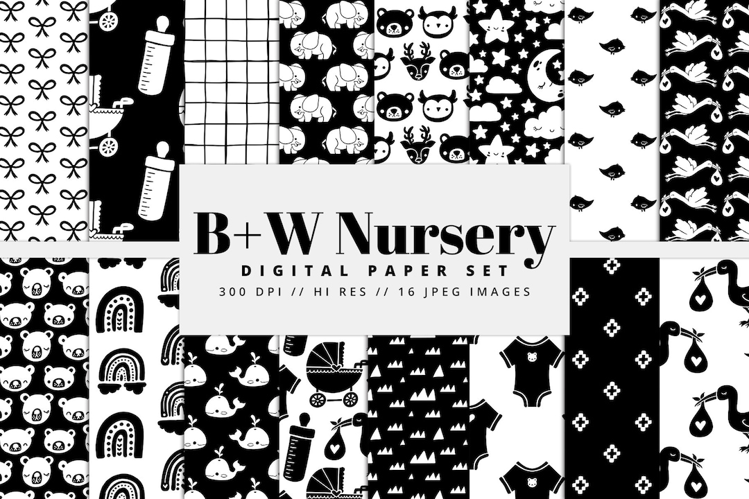 Black and White Nursery Digital Paper Set, Seamless Textures, Baby ...