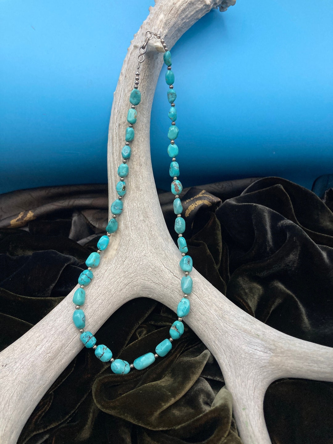 Turquoise Nugget and Tiny Silver Bench Bead Necklace~navajo 20 Inches ...