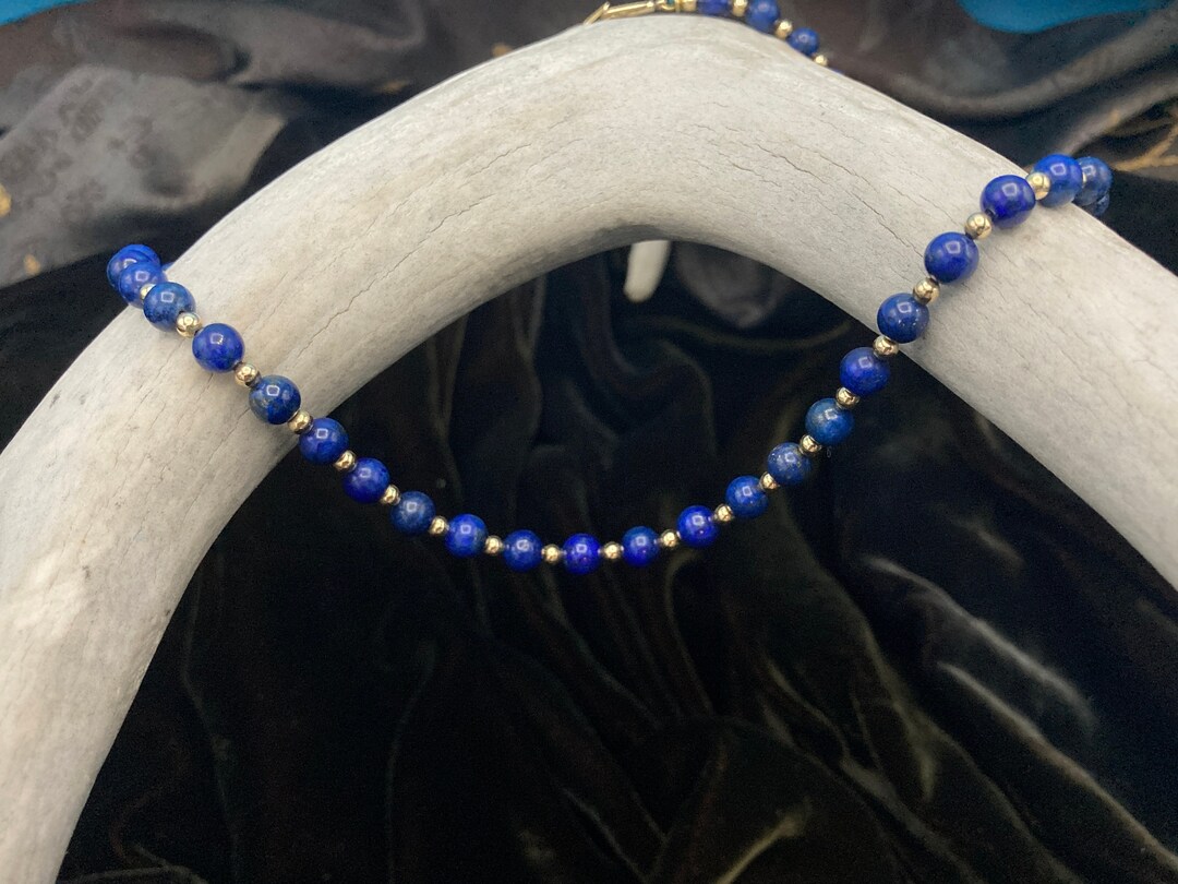 Lapis Lazuli and 14K Gold Bead Necklace 18 Inches With 51 14K Gold 2mm ...