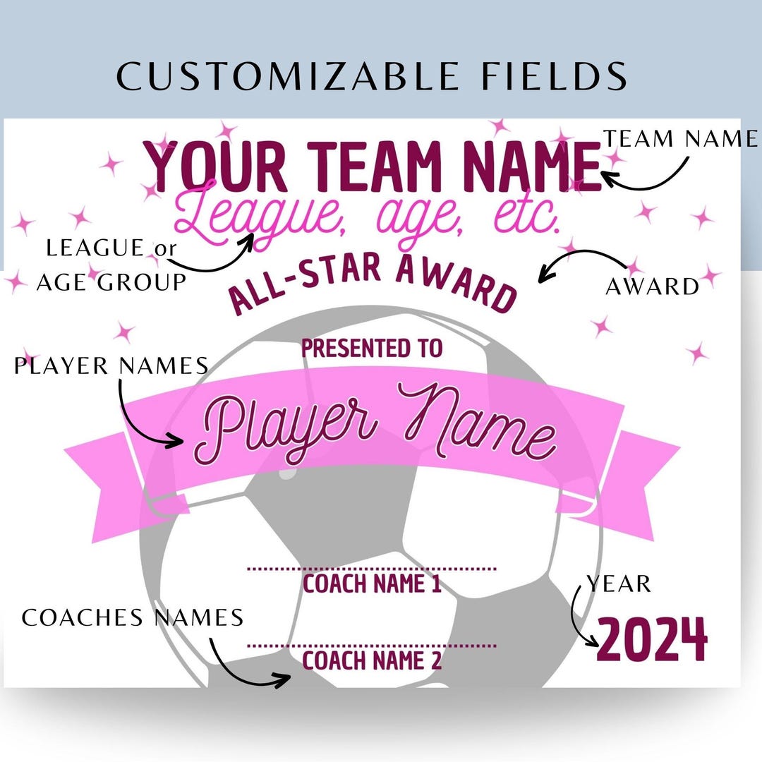 Custom Pink Soccer Team Awards for End of Season Party - Canva Template ...
