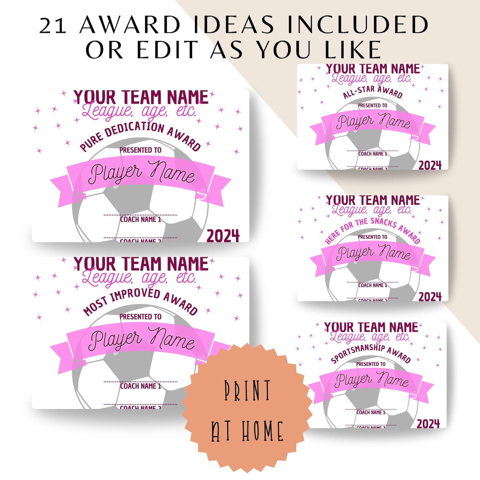 Custom Pink Soccer Team Awards for End of Season Party - Canva Template ...